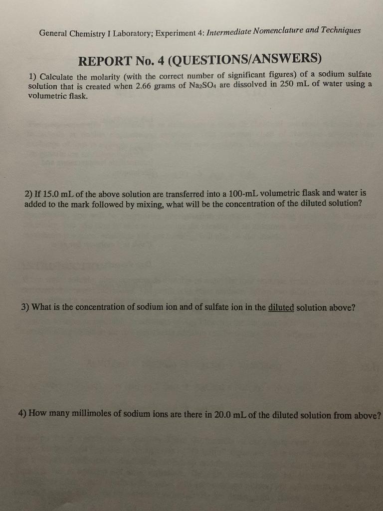 Solved General Chemistry I Laboratory; Experiment 4: | Chegg.com