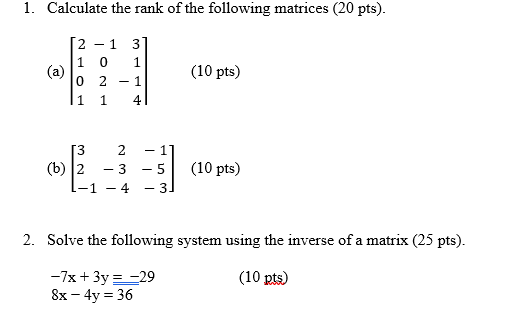 Solved 1. Calculate the rank of the following matrices ( | Chegg.com