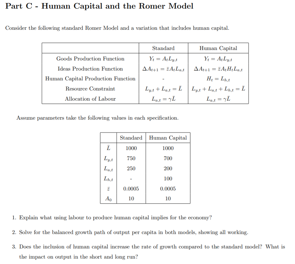 Solved Part C - Human Capital and the Romer Model Consider | Chegg.com