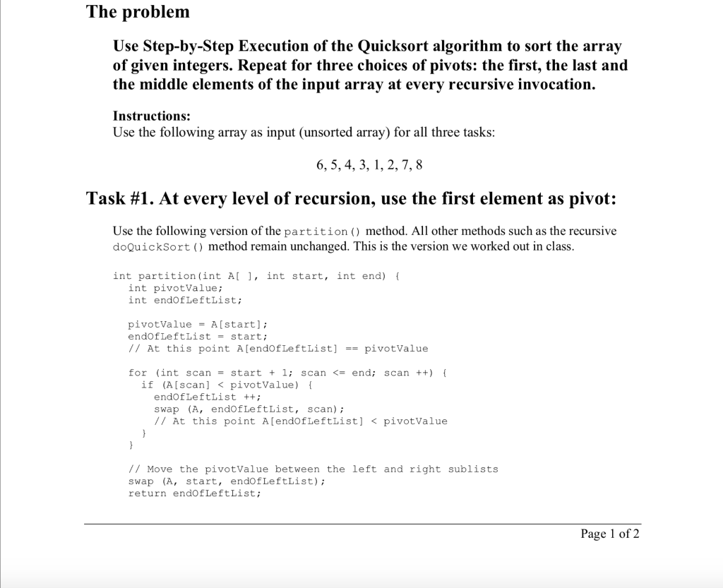 Solved Problem Use Step Step Execution Quicksort Algorithm Sort Array Given Integers Repeat