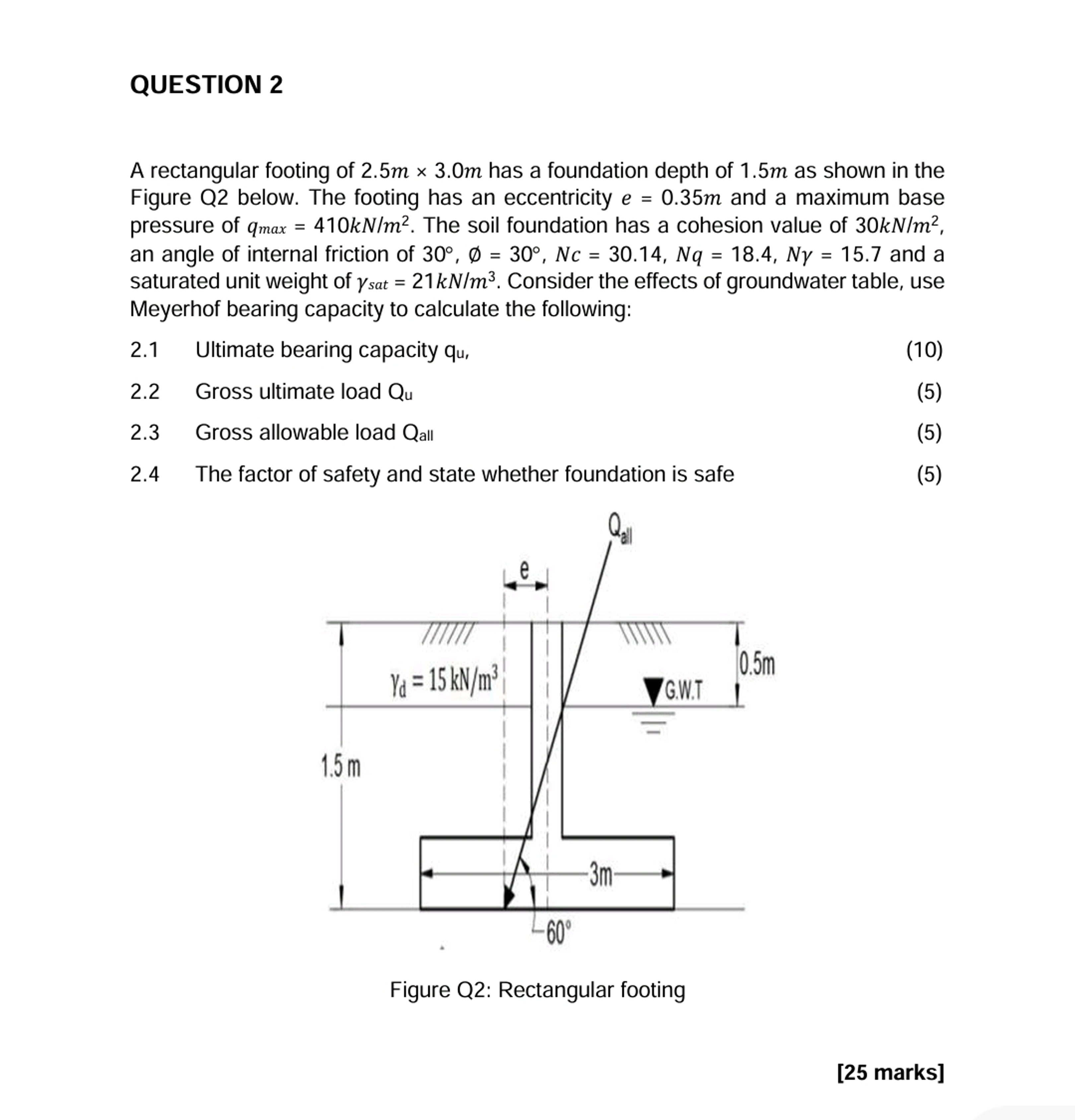 Solved QUESTION 2A rectangular footing of 2.5m×3.0m ﻿has a | Chegg.com
