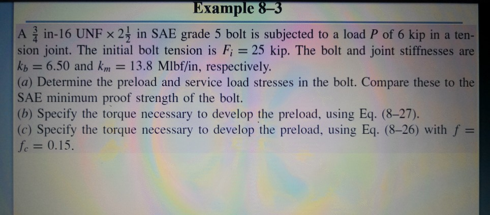 Solved Example 8–3 A in-16 UNF x 2in SAE grade 5 bolt is | Chegg.com