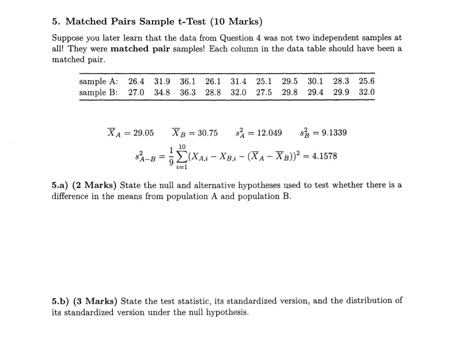 Solved 5. Matched Pairs Sample t-Test (10 Marks) Suppose you | Chegg.com
