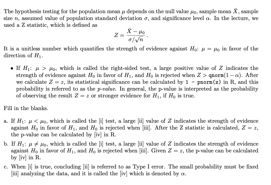 The hypothesis testing for the population mean μ | Chegg.com
