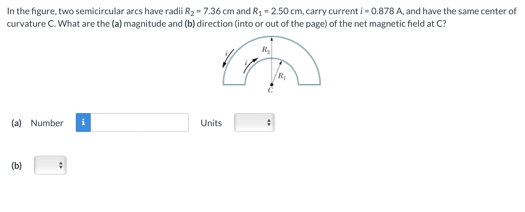 Solved In the figure, two semicircular arcs have radii | Chegg.com