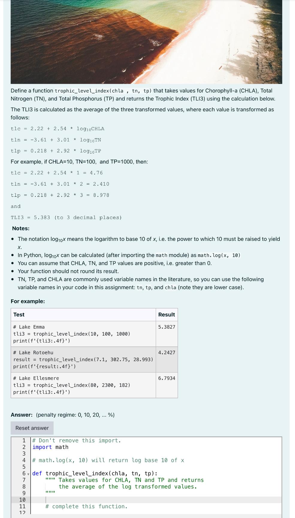Solved Define a function trophic_level_index (chla , tn,tp) | Chegg.com