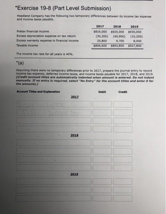 Solved Exercise 19-8 (Part Level Submission) Headland | Chegg.com