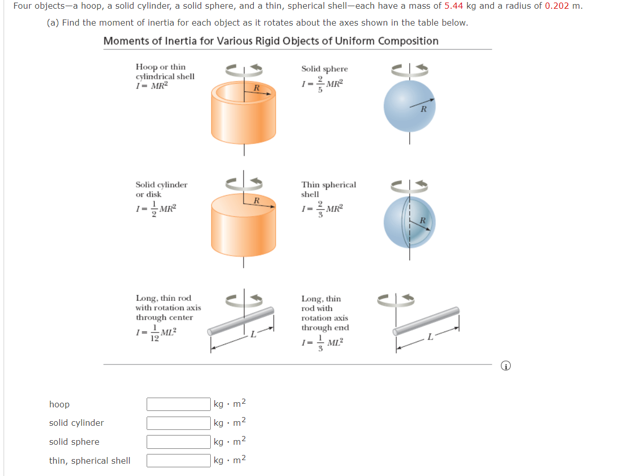 Solved Four objects-a hoop, a solid cylinder, a solid | Chegg.com