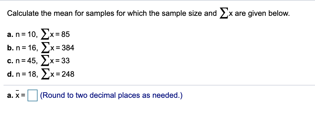 Solved Calculate the mean for samples for which the sample | Chegg.com