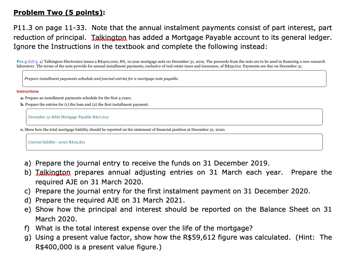 Solved Problem Two (5 points): P11.3 on page 11-33. Note | Chegg.com