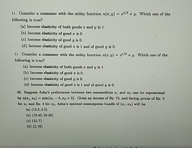 Solved 11. Consider a consumer with the utility function | Chegg.com
