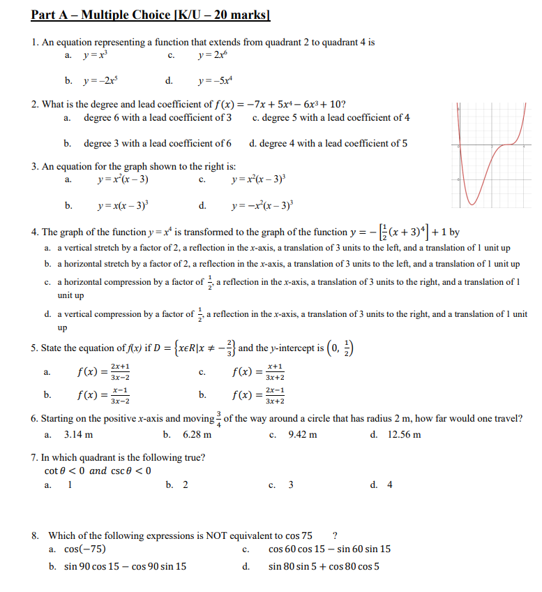 Solved Part A - Multiple Choice [K/U – 20 marks] c. 1. An | Chegg.com