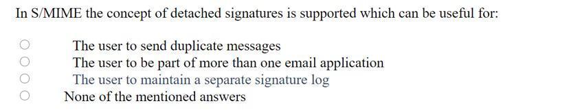 Solved In S/MIME the concept of detached signatures is | Chegg.com