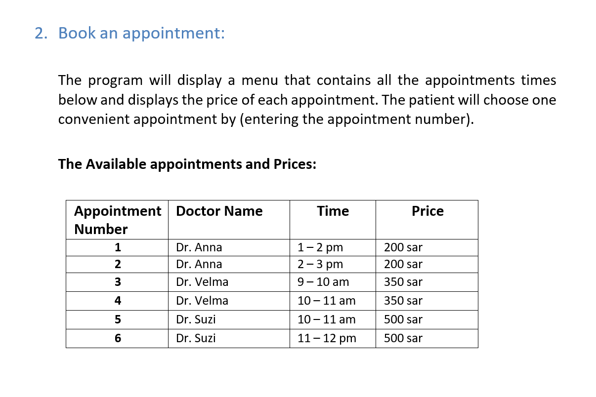 Solved Book an appointment: The program will display a menu | Chegg.com