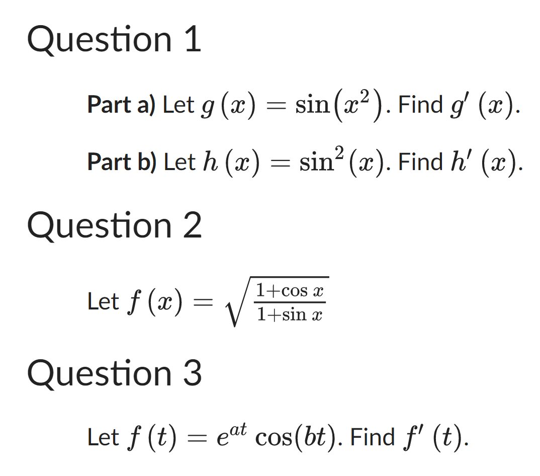 Solved Part a) Let g(x)=sin(x2). Find g′(x). Part b) Let | Chegg.com