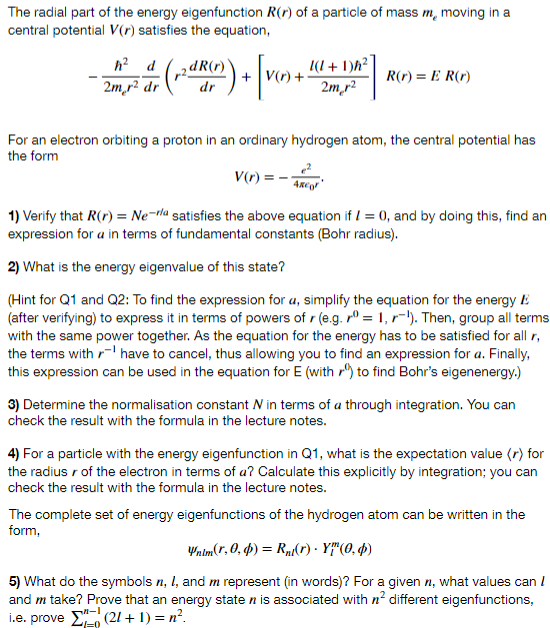 Solved The radial part of the energy eigenfunction R(r) ﻿of | Chegg.com
