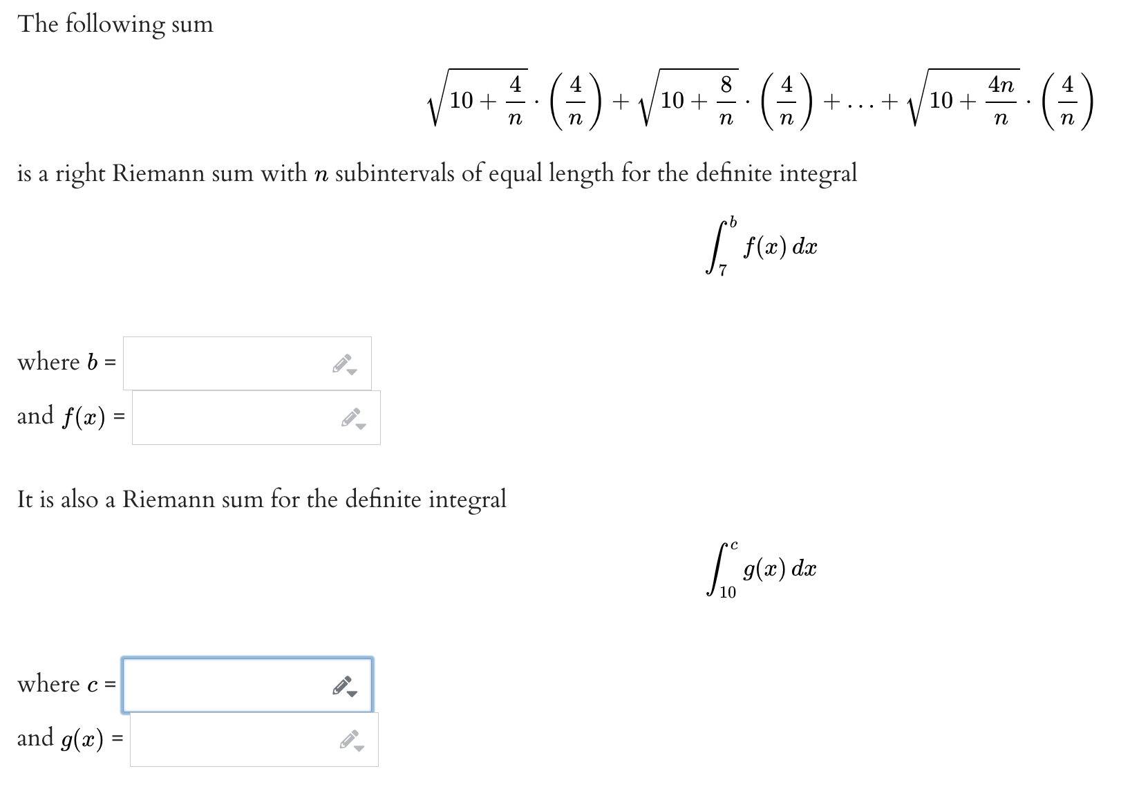 Solved The following sum 10+n4⋅(n4)+10+n8⋅(n4)+…+10+n4n⋅(n4) | Chegg.com