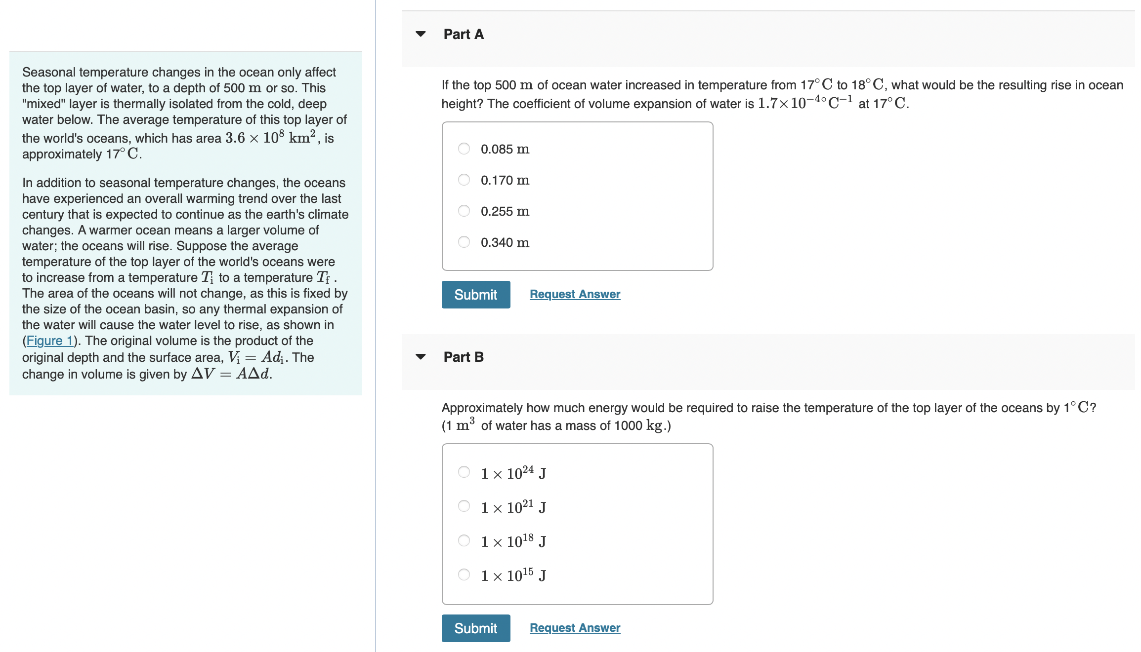 Part ASeasonal temperature changes in ﻿the ocean only | Chegg.com