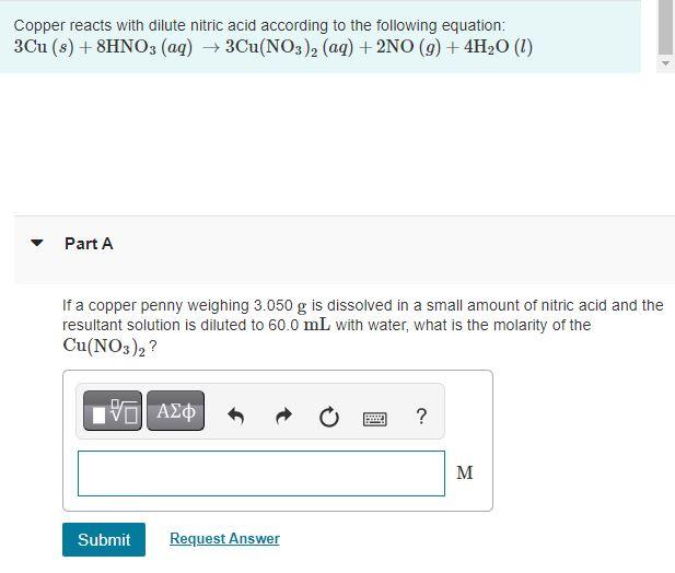 Solved 3Cu(s)+8HNO3(aq)→3Cu(NO3)2(aq)+2NO(g)+4H2O(l) Part A | Chegg.com