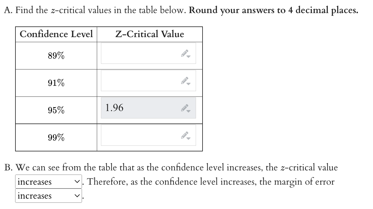 Solved A. Find the z-critical values in the table below. | Chegg.com