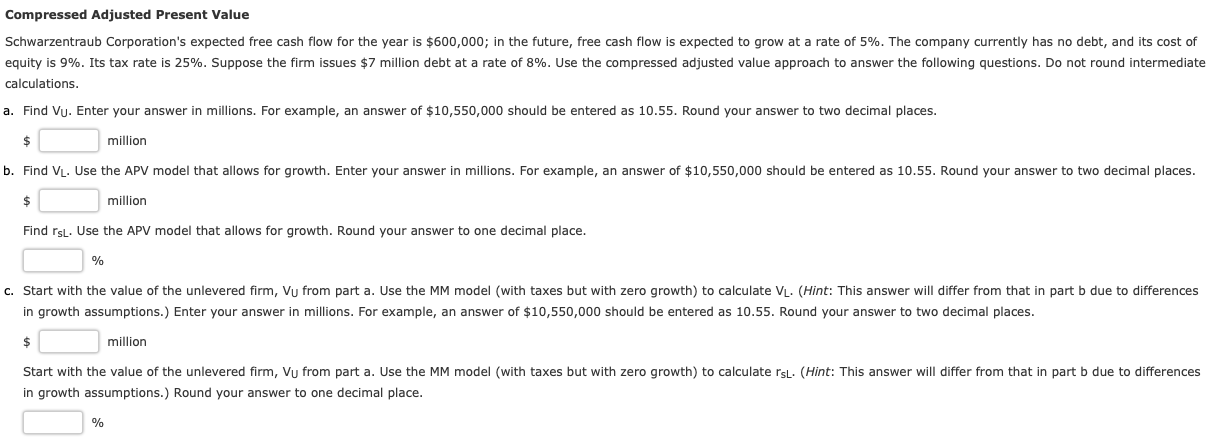 Solved Compressed Adjusted Present Value Schwarzentraub | Chegg.com