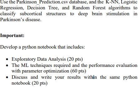 Solved Use the Parkinson_Prediction.csv database, and the | Chegg.com