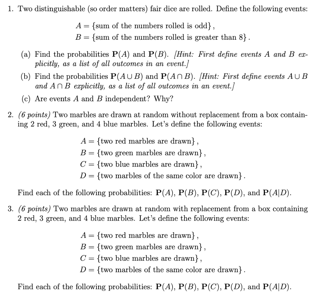 Solved 1. Two distinguishable (so order matters) fair dice | Chegg.com
