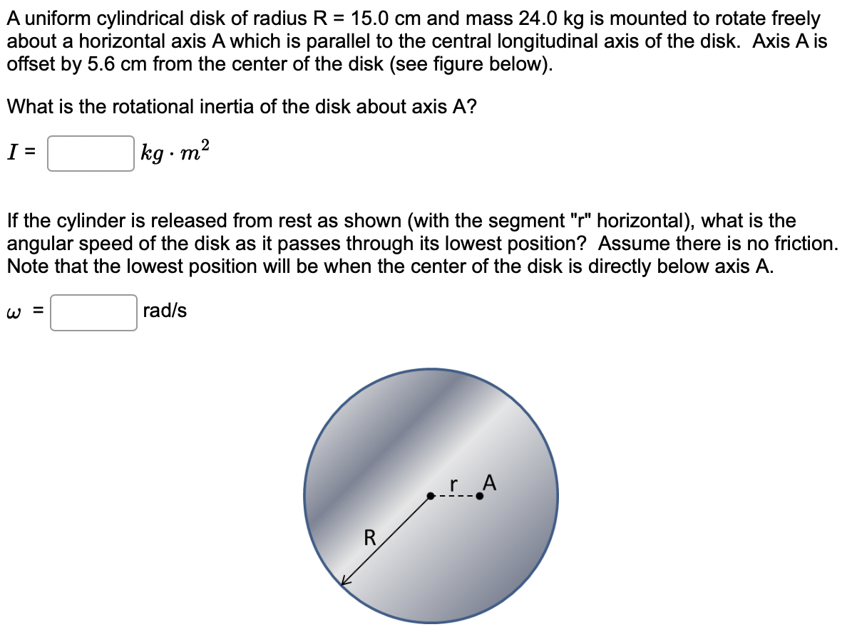 Solved A uniform cylindrical disk of radius R=15.0 cm and | Chegg.com