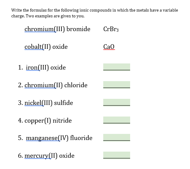 Solved Write the formulas for the following ionic compounds | Chegg.com