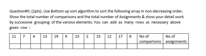 Use Bottom up sort algorithm to sort the following | Chegg.com