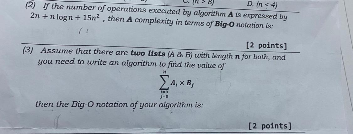 Solved (2) If the number of operations executed by algorithm | Chegg.com