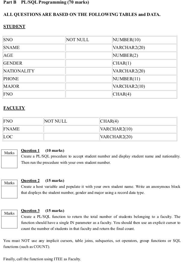 Solved Part B PL/SQL Programming (70 marks) ALL QUESTIONS | Chegg.com