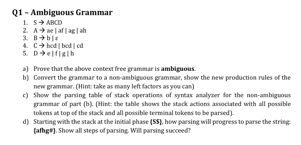 Q1 - Ambiguous Grammar 1. S - ABCD 2. A-> ae | af | | Chegg.com
