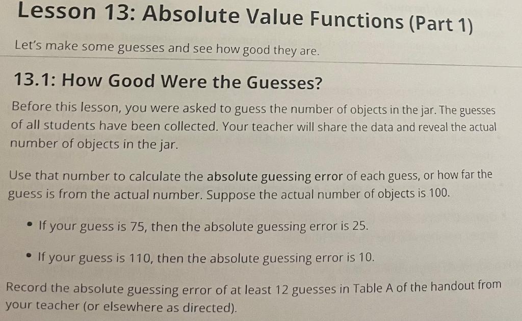 Lesson 13: Absolute Value Functions (Part 1) Let's | Chegg.com