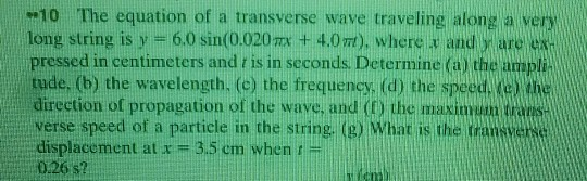 Solved -10 The equation of a transverse wave traveling along | Chegg.com