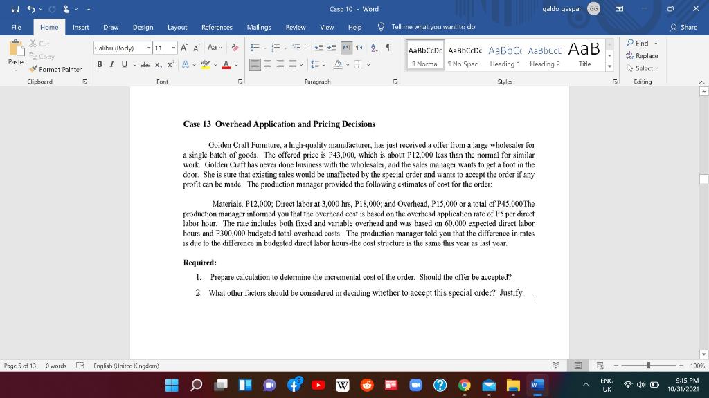 Solved Case 10 - Word galdo gaspar GG a х File Home Insert | Chegg.com
