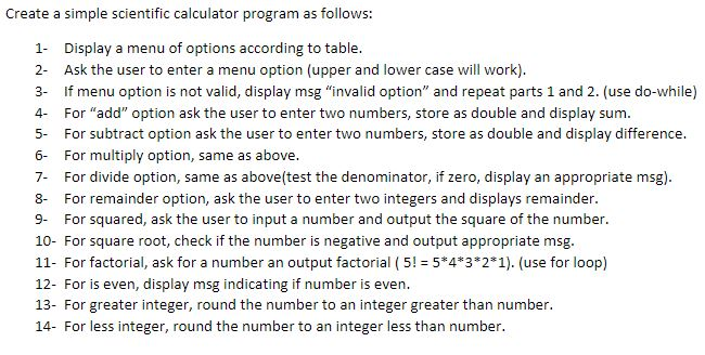 Solved Create a simple scientific calculator program as | Chegg.com