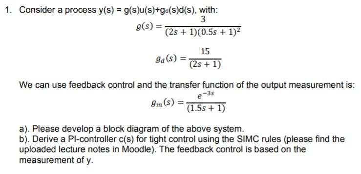 1. Consider a process y(s) = g(s)u(s)+ga(s)d(s), | Chegg.com