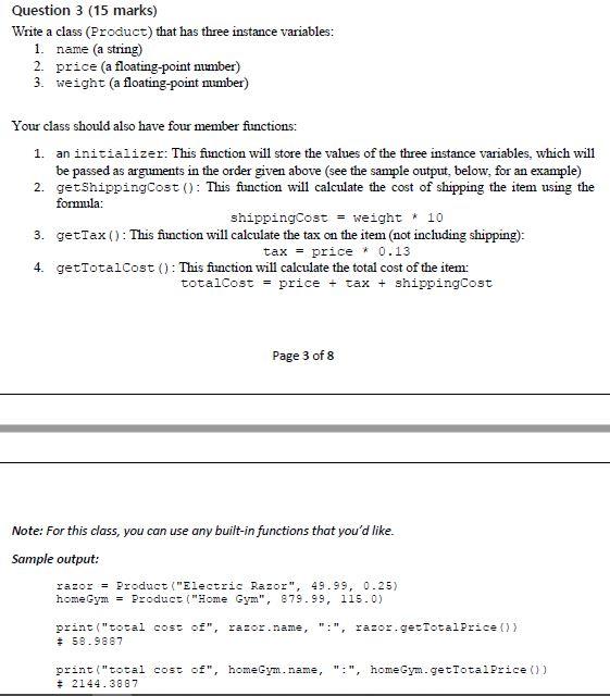 Solved Question 3 15 Marks Write A Class Product That 