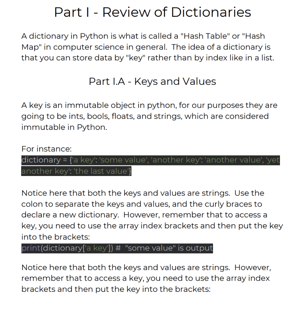 Solved Part 1 Review Of Dictionaries A Dictionary In Chegg