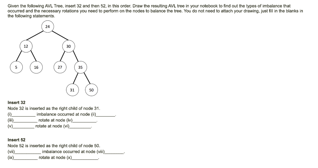 Solved Given the following AVL Tree, insert 32 and then 52, | Chegg.com