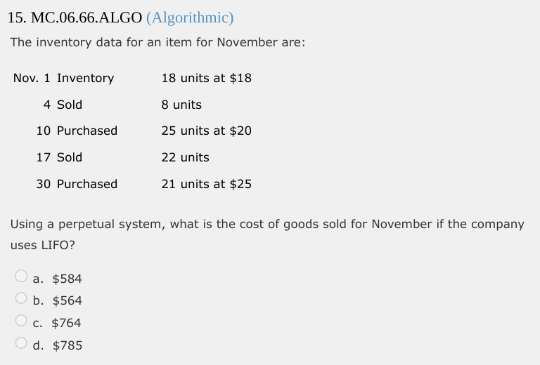 Solved 15. MC.06.66.ALGO (Algorithmic) The inventory data | Chegg.com