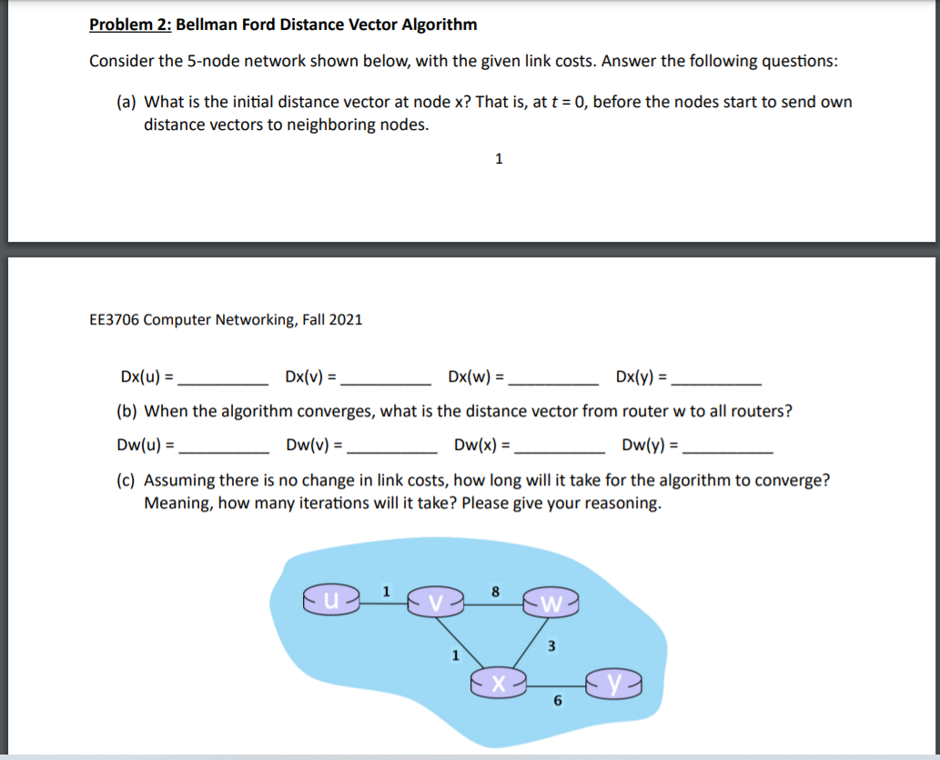 Solved Problem 2: Bellman Ford Distance Vector Algorithm | Chegg.com