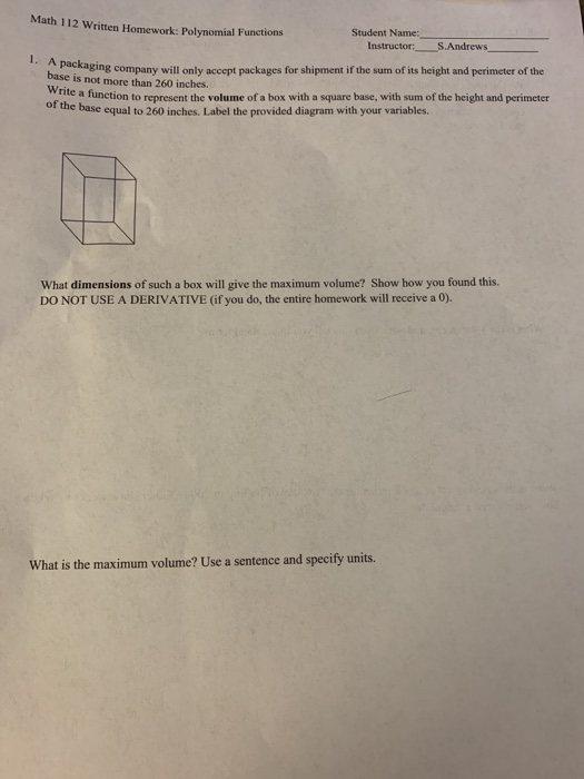 Solved Math 112 Written Homework: Polynomial Functions | Chegg.com