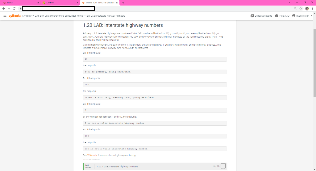 Solved X - Content zy Section 1.20. DAT 210 Pre = zyBooks My | Chegg.com