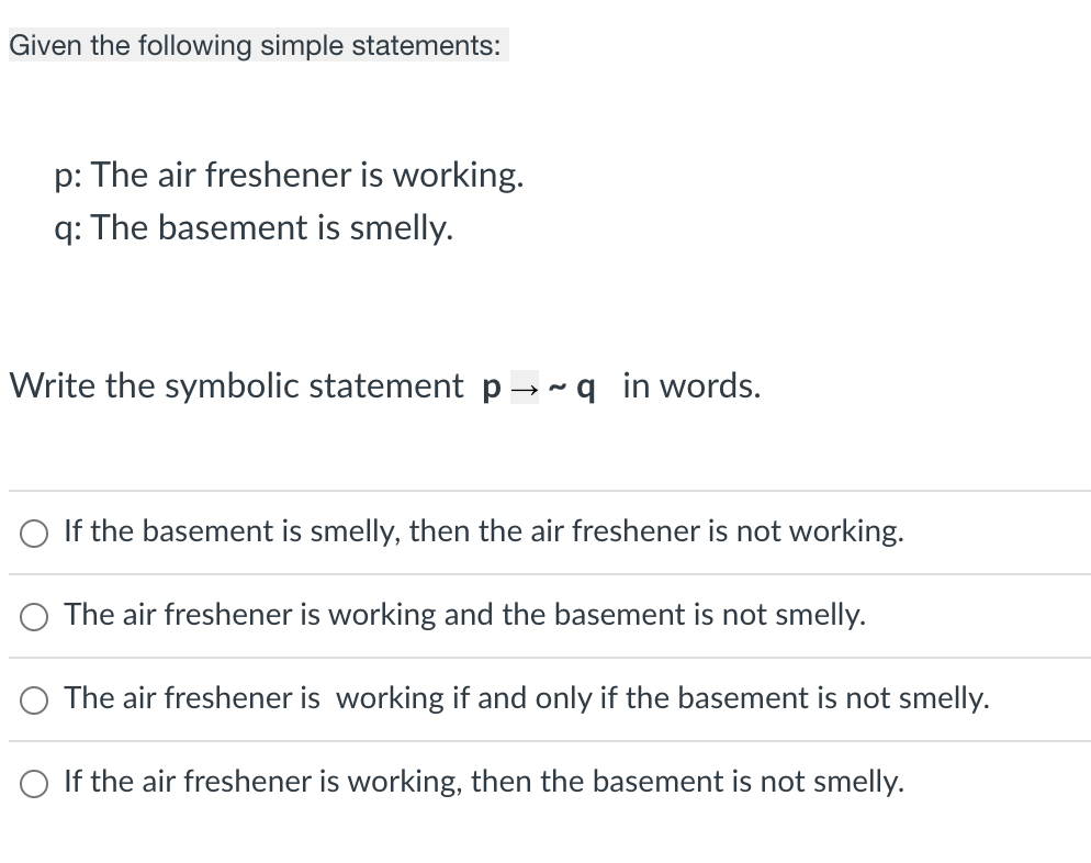 Solved Given the following simple statements: p : The air | Chegg.com