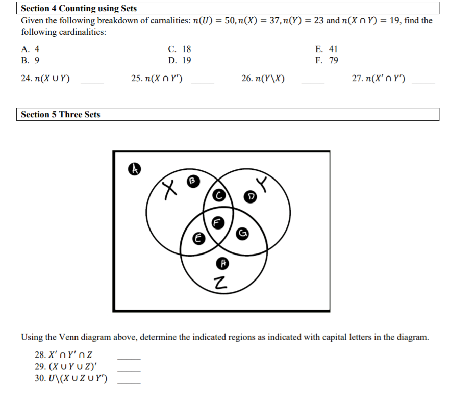 Solved = = Section 4 Counting using Sets Given the following | Chegg.com