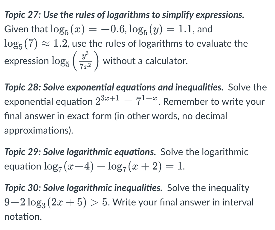 Solved Topic 27: Use the rules of logarithms to simplify | Chegg.com