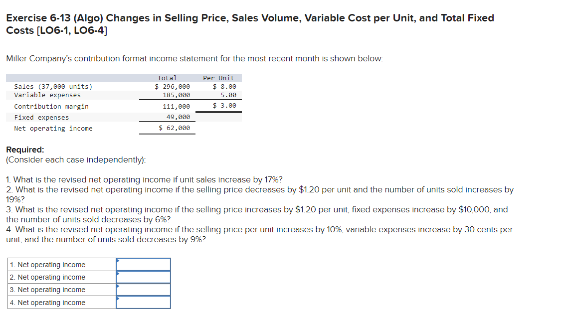 Solved Exercise 6-13 (Algo) Changes in Selling Price, Sales | Chegg.com