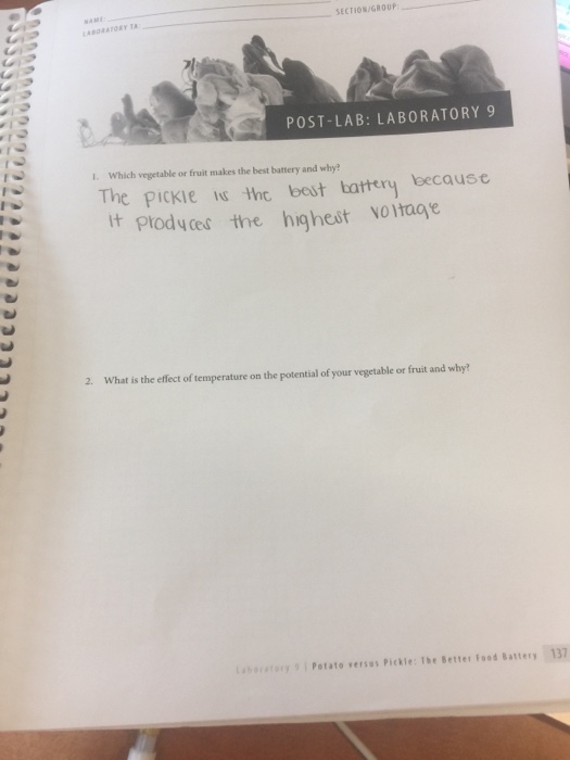 Solved SECTION/GROUP NAME ORY TA POST-LAB: LABORATORY 9 I. | Chegg.com